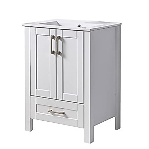 Popity home 24 Inch Small Bathroom Vanity with Sink, Modern White Bathroom Vanity, Wood Standing Bathroom Vanity Set with Ceramic Vessel Sink 2 Doors 1 Drawer