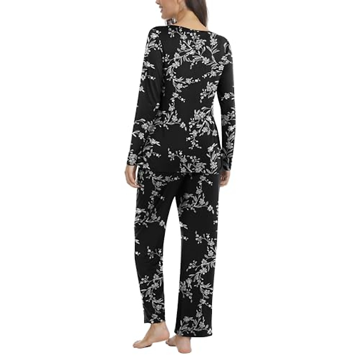 POPYOUNG Women's pyjamas set, Fall Winter lounge sets for women 2 piece Sleepwear Long Sleeve With Pockets Ladies Pjs Set L, White FL Carvings