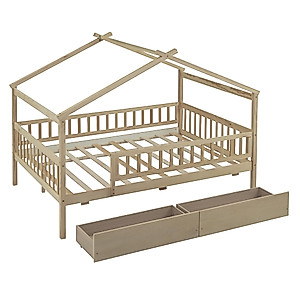 House Bed with Fence Storage, Full Size Montessori Style Beds with Railings and 2 Drawers, Wooden Playhouse Bed Frame for Kids Girls Boys, Natural