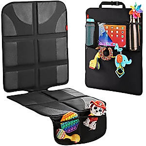 Helteko Car Seat Protector with Thickest Padding + Backseat Car Organizer, XL Largest Car Seat Cover for Child Baby Carseat, Kick Mat Back Seat w/Storage Pockets, Waterproof & Durable 600D Fabric