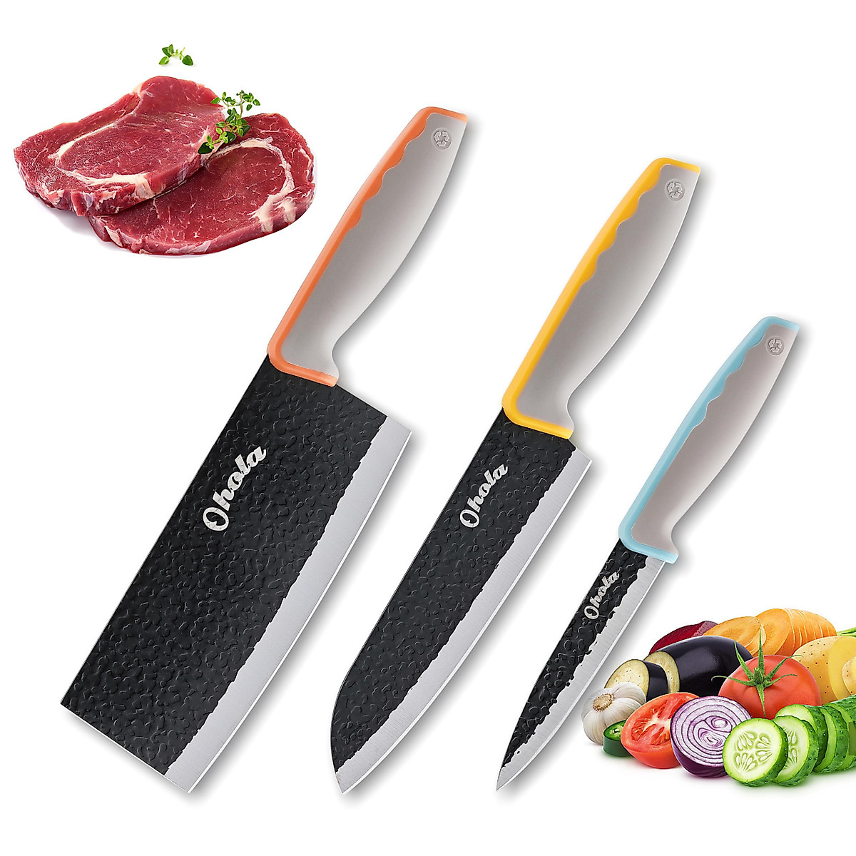 3PCS Kitchen Knvies, Includes 7 inch Chef Knife, 7 inch Cleaver Knife and 4.5 inch Boning Knife, Stainless Steel Blade with Ergonomic Rubber Handle, Dishwasher Safe (Orange, Yellow, Blue)