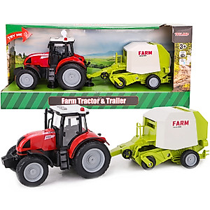 Toyland® 37cm Red Tractor & Trailer with Lights & Sound - Childrens Farm Toys (Tractor & Baler)