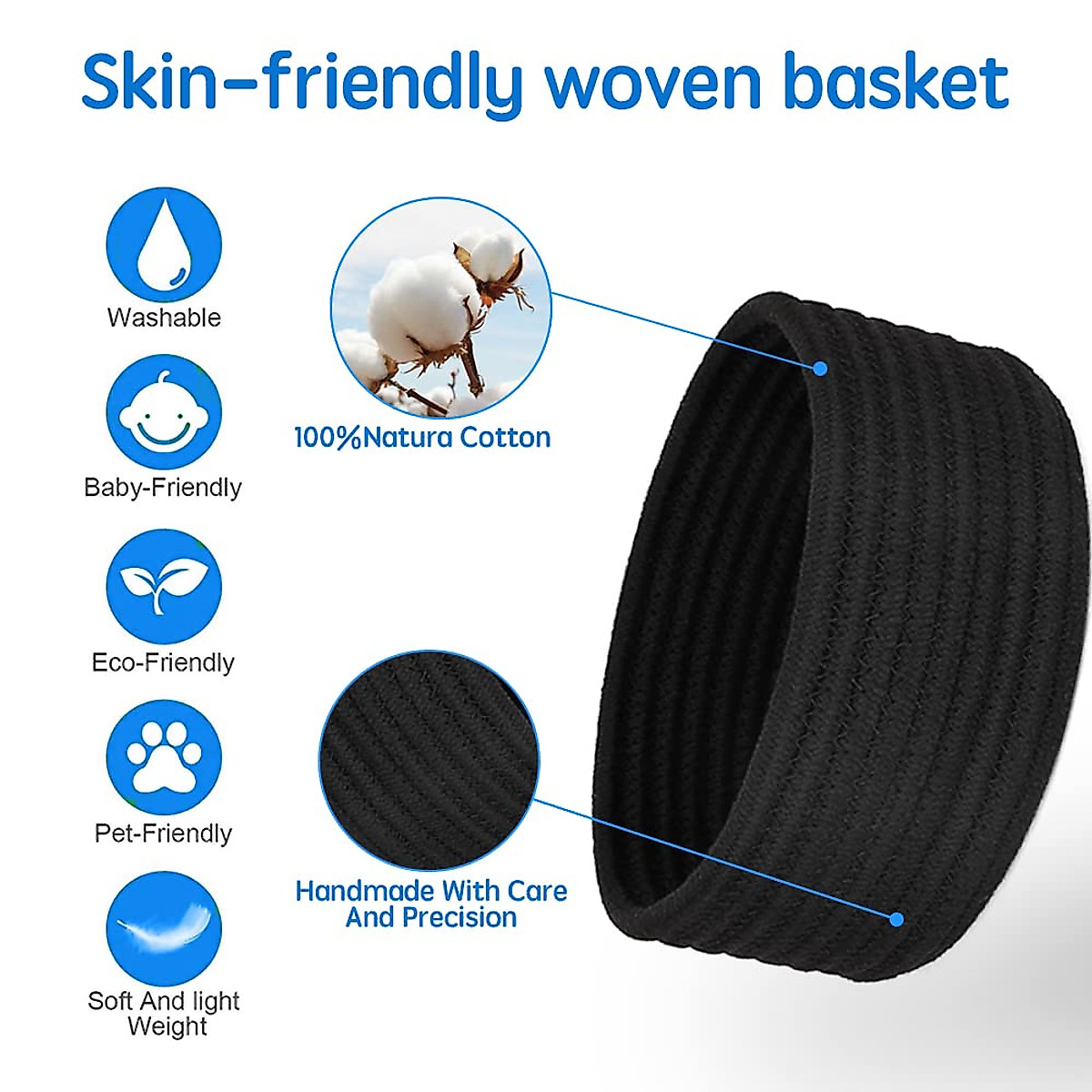 Hispqser Large Black Woven Basket, Round Cotton Rope Basket with Handle Empty Gift Basket to Fill Decorative for Toys Hamper Nursery Sturdy Thicken Storage Bathroom Living Room 10.6 * 10.6 * 3.5in