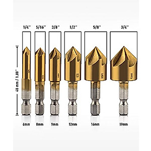 QWORK Countersink Drill Bits Center Punch Set 6 Pcs 1/4'' Hex Shank HSS 5 Flute Countersink 90 Degree Center Punch Tool Sets for Wood Quick Change Bit 6mm-19mm