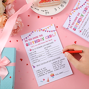50 Sheets Who Knows The Birthday Girl Game Cards Birthday Girl Party Game Cards with 20 Pieces Pre Pointed Wood Pencils Notebook Themed Party Activity Card for Sleepover Slumber Party Supplies