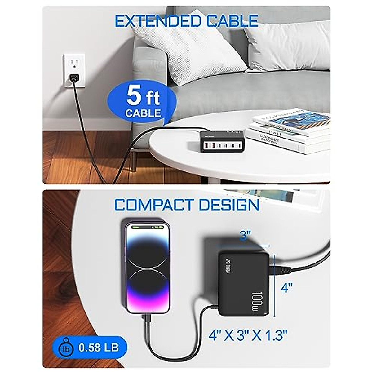 USB C Charging Station, 100W GaN 6 Port Charging Hub for Multiple Devices with PD3.0 and QC3.0 Fast Charging Stock, Power Strip for iPhone, iPad Air/Pro, Galaxy- Black
