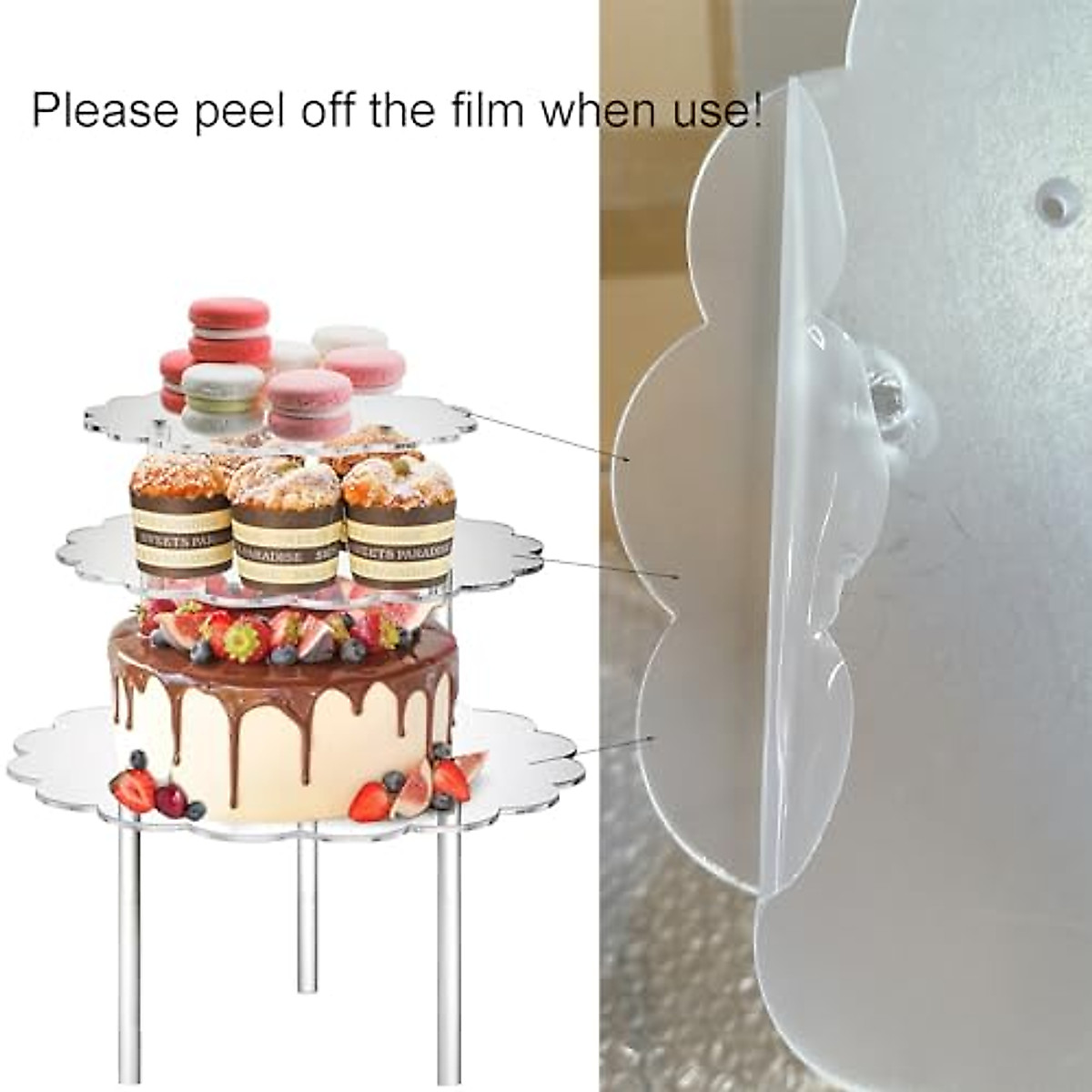Okllen 3 Pack Clear Acrylic Cake Stands, Cupcake Stand Cake Holder, Countertop Dessert Display Riser for Bakery, Appetizer, Birthday Wedding Party Baby Shower, Flower Shape