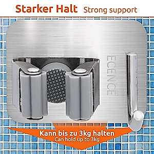 ECENCE 4x Broom Holder Self-Adhesive with Hook, Mop Hanger Wall Mount, Garden Tool Rack, Garage Storage Systems, Laundry Kitchen Tool Organizer Silver