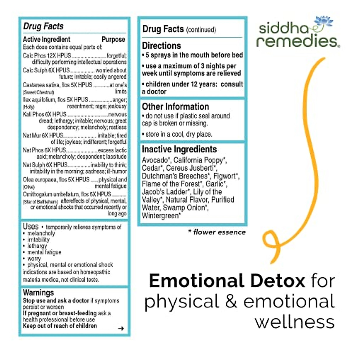 Siddha Remedies Emotional Detox Homeopathic Oral Spray for Melancholy, Irritability & Mental Fatigue | 100% Natural Homeopathic Medicine Remedy with 12 Flower Essences for Cleansing Mind