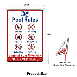 Pool Rules Signs No Diving No Glass Sign, No Food No Pushing No Running No Peeing in Pool Swim at Your Own Risk Signs, 14 x 10 Inches Rust Free Rust Free Aluminum, Easy Mounting (1 Pack )