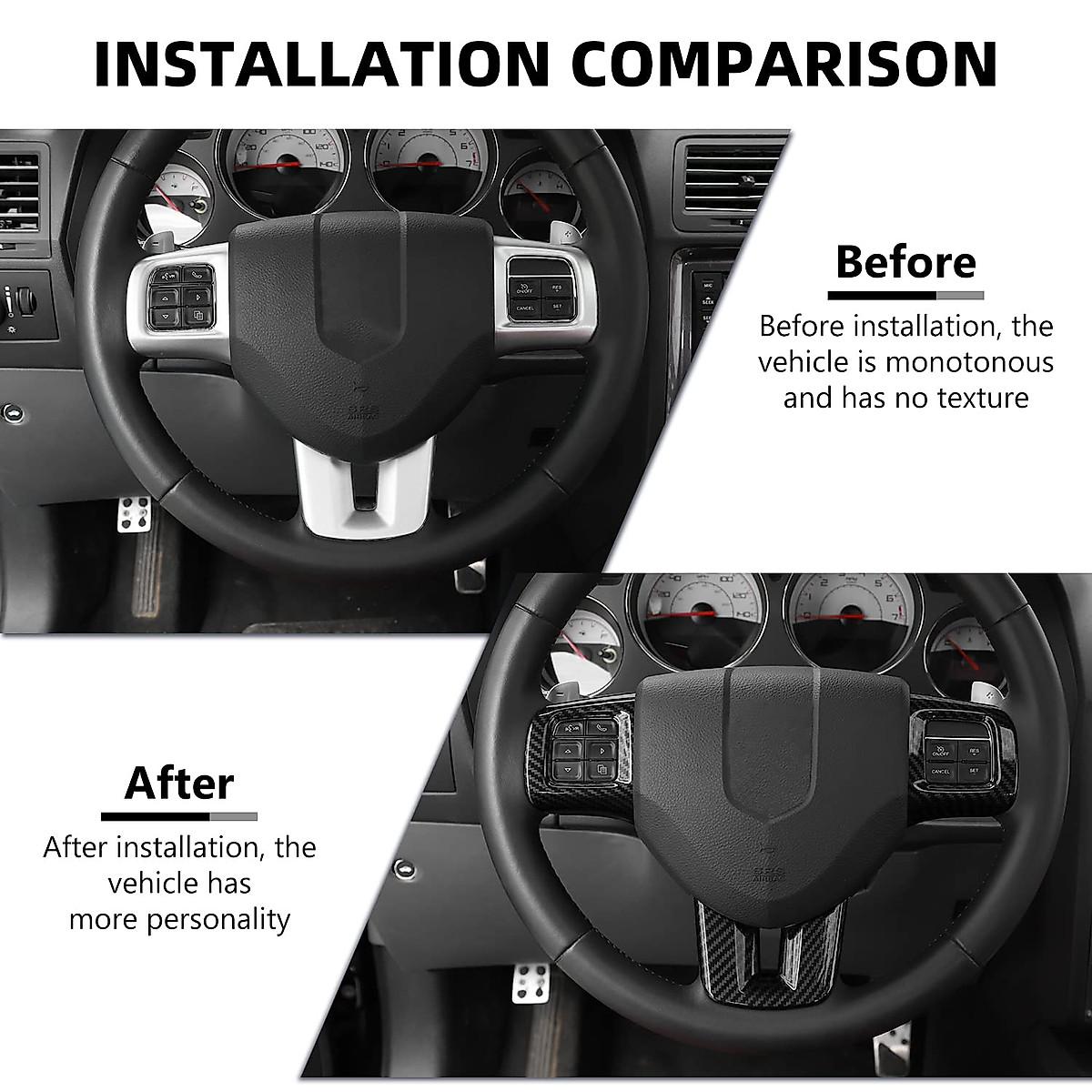 RAZPOY Steering Wheel Trim, Steering Wheel Cover Interior Decoration Accessories Compatible with 2009-2014 Dodge Challenger/Charger/War Horse/Durango//Dart/Journey Coolway 2013-2022 (Carbon Fiber)