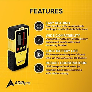 AdirPro Universal Rotary Laser Detector (LD-8) - Digital Rotary Laser Receiver with Dual Display and Built-In Bubble Level, Compatible with All Red Rotary Lasers - Rod Clamp Included