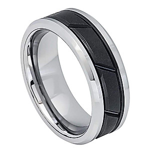Free Personalized laser engraving Ring for Men and Ring for Women tungsten Band Rings 8mm Two-tone Black IP Center with Diagonal Grooves Wedding Band Ring Ideal Rings for couples