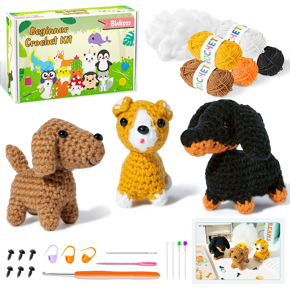 BWkoss Crochet Kit for Beginners, Cute Animal Dog Crochet Starter Kit Dachshund Golden Retriever Welsh Corgi DIY Yarn Knitting Craft Supplies with Step-by-Step Video Tutorials for Knitting Enthusiast