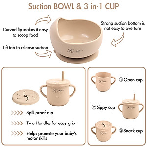 Baby Led Weaning Supplies - Kirpi Baby Feeding Set - Silicone Suction Bowls, Divided Plates, Sippy and Snack Cup - Toddler Self Feeding Eating Utensils Set with Bibs, Spoons, Fork - 6 Months (Beige)