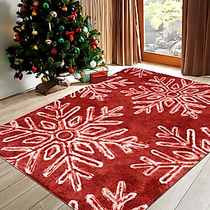 Christmas Area Rug Snowflake Winter Area Rugs Christmas Decorative Rug Xmas Throw Carpet Washable Non Slip Holiday Rug for Entryway Bedroom Living Room Laundry Room Indoor Red 5 x 7 FT