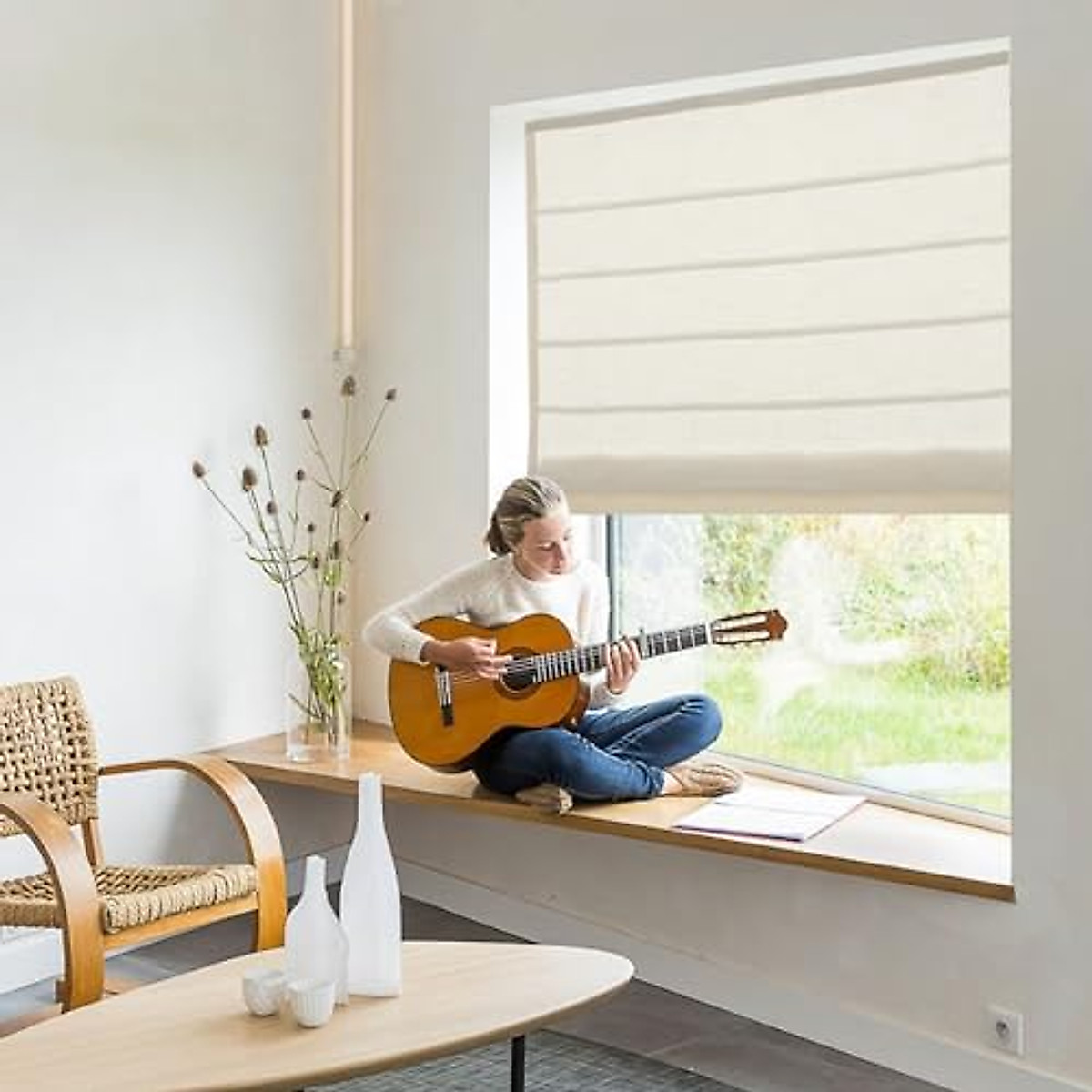 Sunbox Blinds Cordless Roman Shades for Windows, Window Treatments, Room Darkening Shades, Linen Fabric Roman Shades for Doors, Kitchen, Linen Cream