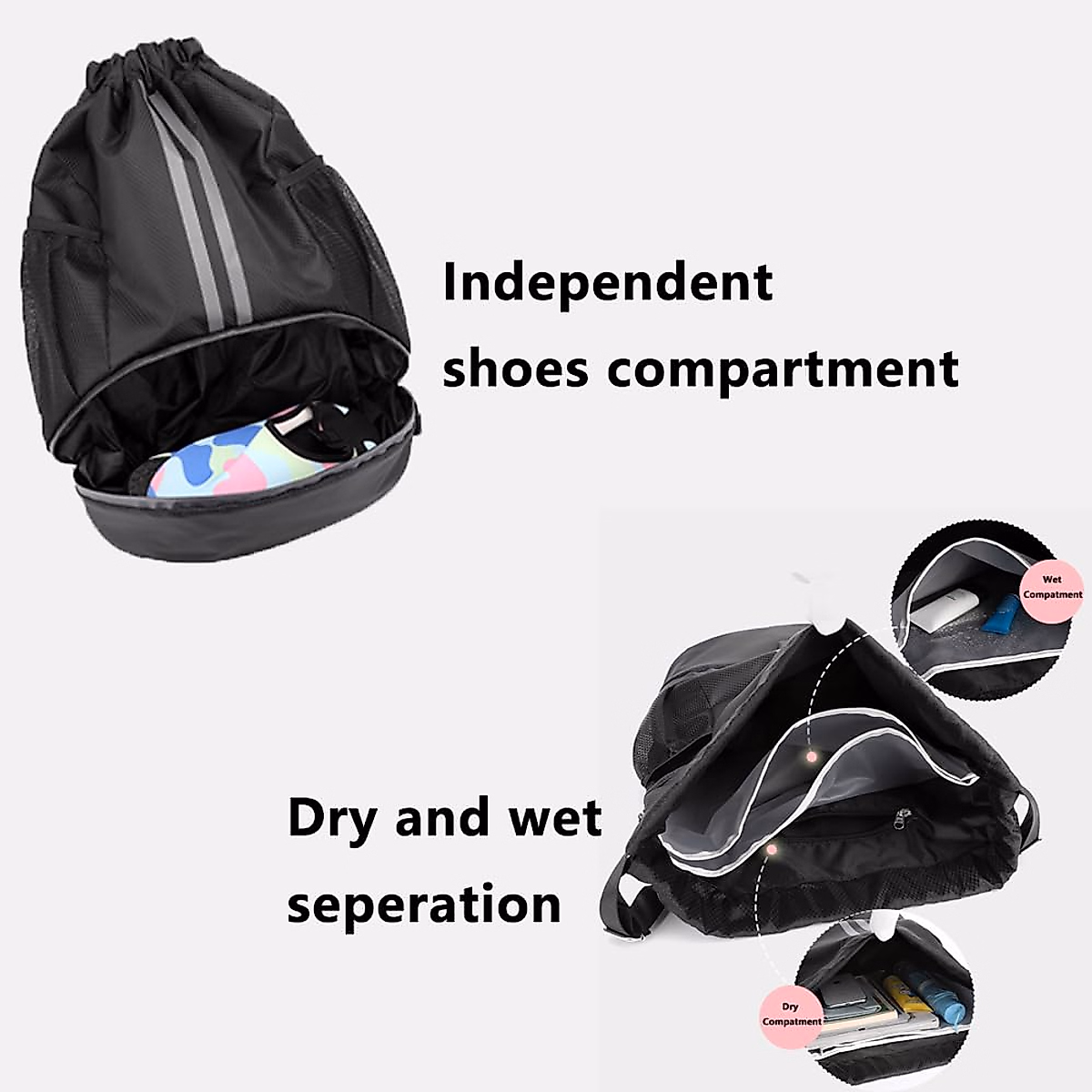 BRILISLE Drawstring Backpack Water-Resistant Sports Gym Bag for Women & Men with Shoes Compartment and Wet-Proof Pocket Black