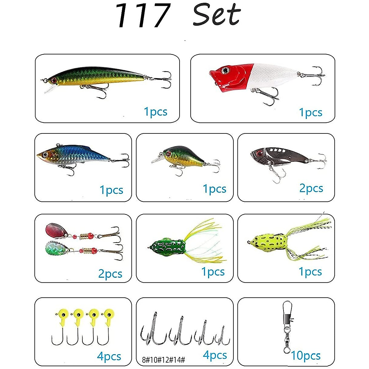 Fishinghappy 117PCS Fishing Lures Baits Tackle Including Topwater Frog Lures Crankbaits Spinnerbaits Plastic Worms Jigs Tackle Box and More Fishing Gear Lures