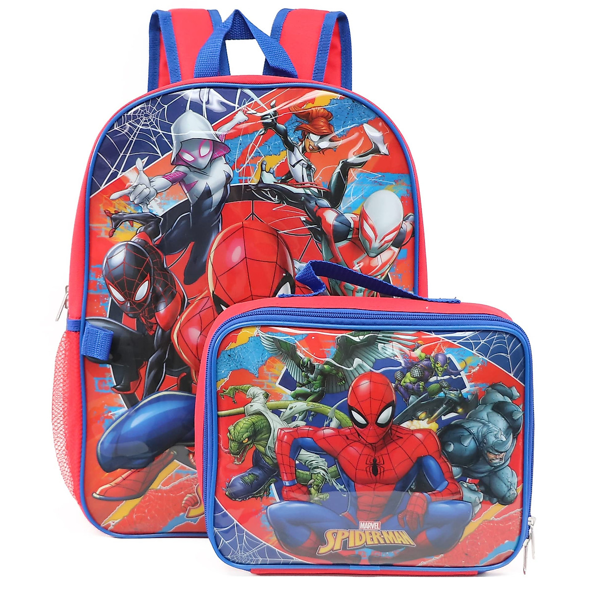 Ruz Spiderman Boys 16 Inch Backpack With Removable Matching Lunch Box Set (Red-Blue)