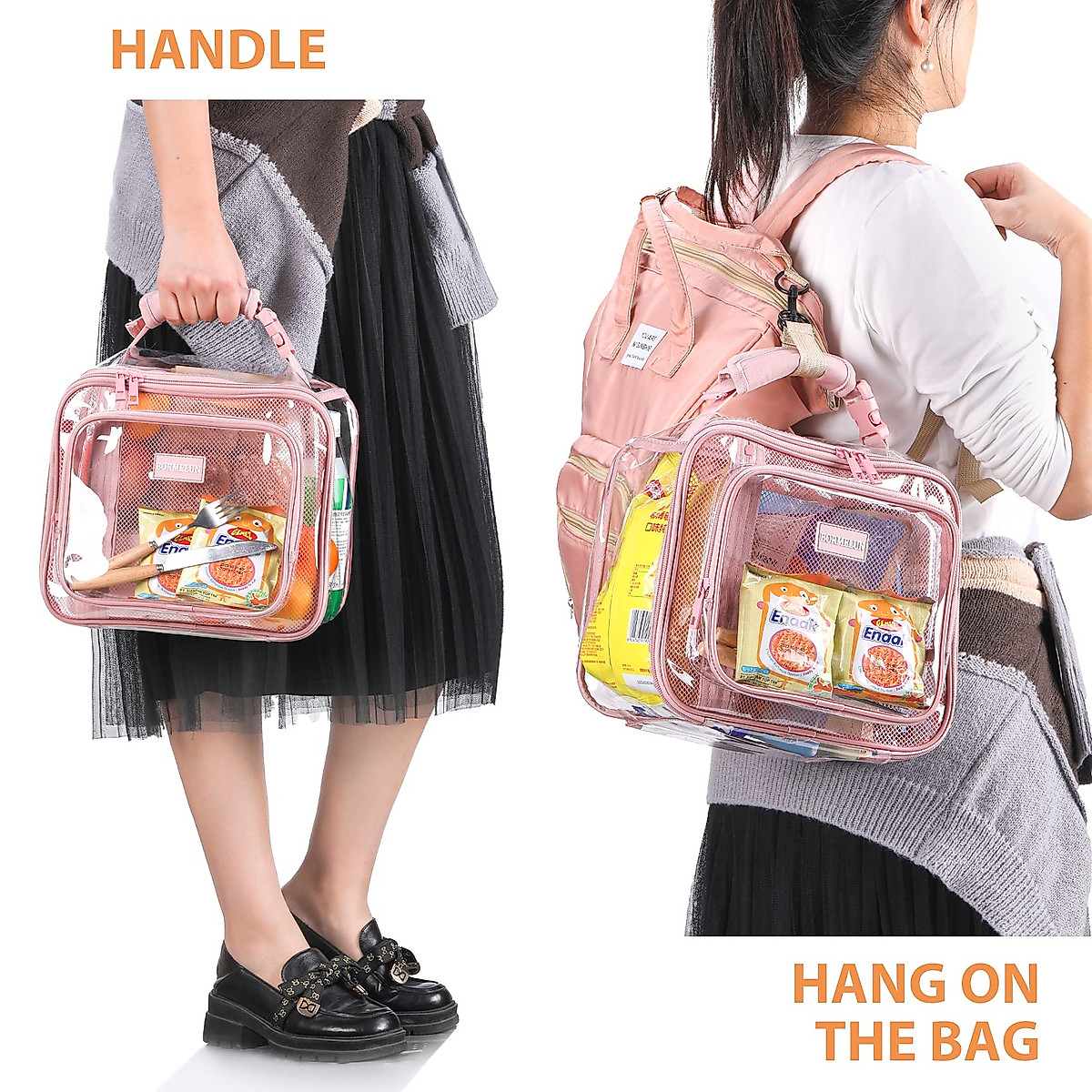 BORMELUN ® Large Pink Clear Lunch Bags for Girls,See Through Plastic Lunch Box，Tote Handle for Women,Office,School Picnic(11x9x6 inches)