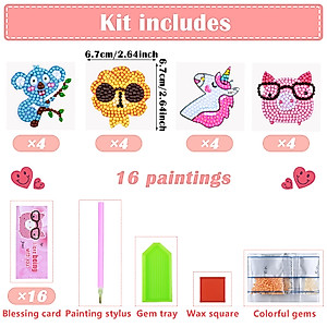 Marspark 16 Pieces Kids Valentine's Day Cards Painting Kits 5D DIY Beginner Animal Painting Stickers for Girls Boys School Classroom Exchange Gifts Craft Activity Party Favors, 4 Styles