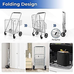 Goplus Shopping Cart for Groceries, Jumbo Upgraded Folding Grocery Cart with Waterproof Liner, 330 LBS Weight Capacity, 360° Rolling Swivel Wheels and Double Basket, Heavy Duty Foldable Utility Cart