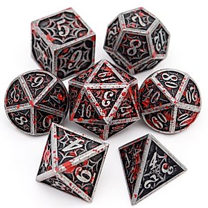 Haxtec Blood Splatter Metal DND Dice Set W/Gift Leather Dice Bag Bloodstained D&D Dice Spider Web Pattern Polyhedral Dice for Dungeons and Dragons TTRPG Games