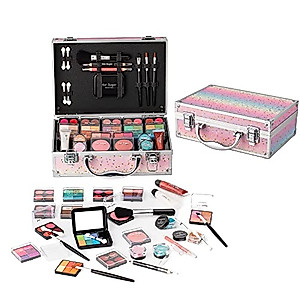 Hot Sugar Makeup Kit for Teenager Girls - Full Starter Cosmetics Set with Eye Shadow Lip Balm Blush Lip Gloss Brush Lip Pencil Eye Pencil and Mirror (Rainbow)