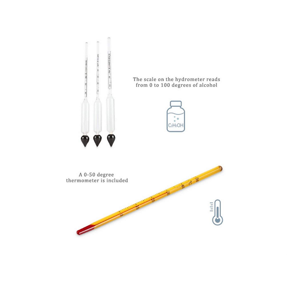 Mudent (100 Set Professional Hydrometer Alcoholmeter - 3pcs Hydrometer Alcoholmeter Set 0 to 100% Alcohol Meter Test + Thermometer for Wine Alcohol Whisky