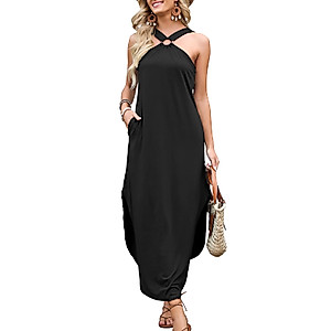 ANRABESS Women Summer Halter Neck Sundress Sleeveless Split Side Casual Beach Travel Vacation Maxi Long Dress with Pockets Black Medium