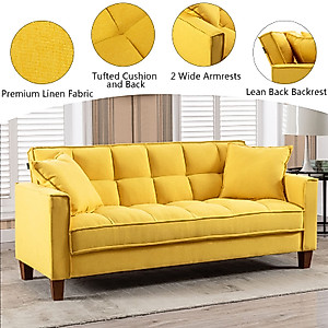 mikibama Linen Sofas Couchs for Living Room Grid Tufted Loveseat Sofa Padded 2 Seater Bedroom Couch Soft Comfy Sofa Bed for Small Space Apartment with Solid Wood Legs (Beige)