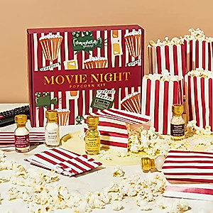Thoughtfully Gourmet, Movie Night Popcorn Set, Includes Yellow and Mixed Popcorn Kernels, 10 Paper Popcorn Bags, 5 Popcorn Seasonings & Toppings