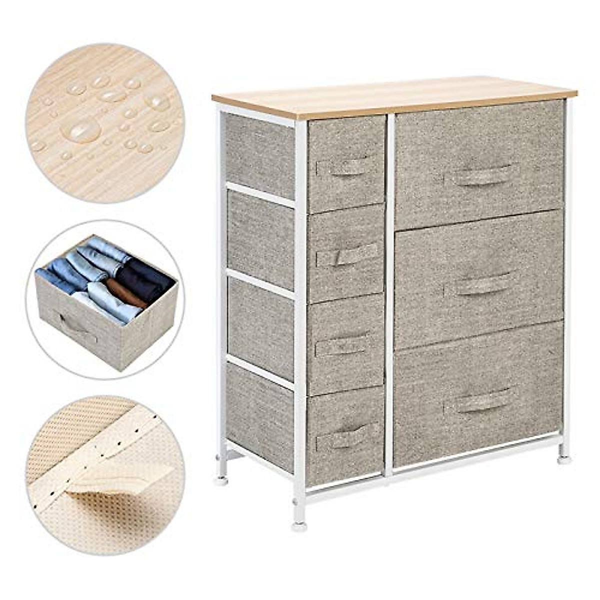 Dresser with 7 Drawers, Storage Drawers Unit for Bedroom, Hallway, Closet, Metal Frame, Wood Top, Easy Pull Fabric Drawers, Linen / Natural
