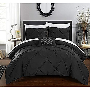 Chic Home 4 Piece Daya Pinch, Ruffled and Pleated Complete Queen Duvet Cover Set Black Shams and Decorative Pillows Included