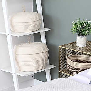 Sea Team Round Cotton Rope Storage Basket with Lid, Decorative Woven Storage Bin, Pot, Caddy, Organizer, Container for Snacks, Towels, Plants, 13 x 9 Inches (Large, Cream)