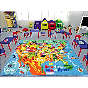 KC Cubs Playtime Collection USA United States Map Educational Learning & Game Area Rug Carpet for Kids and Children Bedrooms and Playroom (5'0" x 6'6")