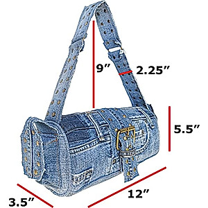 Bijoux De Ja Upcycling Blue Denim Jeans Punk Brass Rivet Studded Buckle Belt Decorative Barrel Shoulder Handle Handbag Purse