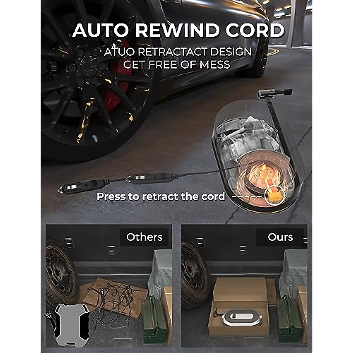 Tire Inflator Portable Air Compressor 150PSI with Pressure Gauge 12v Air Compressor Tire Inflator with Auto Retraction Power Cord, Auto Shut-off and Emergency LED Light By Giraffe Tools