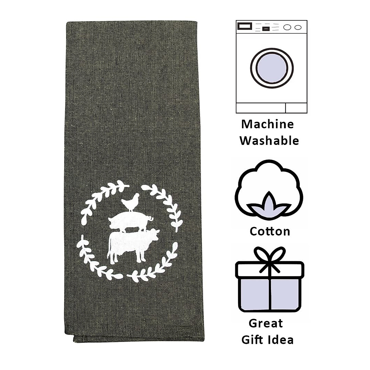 fillURbasket Farmhouse Kitchen Towels Set Farm Towels Pig Rooster Chicken Cow Towels Tan Black Dish Towels Set of 5 Cotton 16"x28"