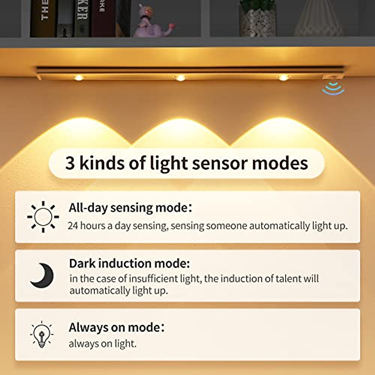 Under Cabinet Lights LED Motion Sensor Indoor, USB Rechargeable ,3 Light Modes Stepless Dimming Hill Light, 6500K Night Light for Closet Cabinet Kitchen Wardrobe (15.74in/40cm)
