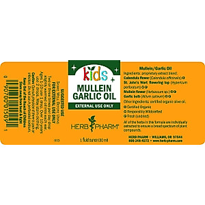 Herb Pharm Kids Mullein and Garlic Oil, 1 Fl Oz, Calendula, Garlic, Mullein, St. John's Wort, Olive Oil