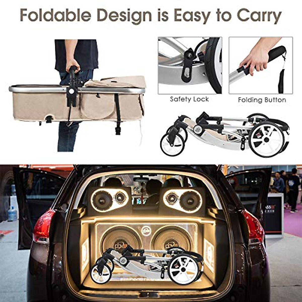 HONEY JOY Baby Stroller, High Landscape Convertible Infant Bassinet Stroller, Adjustable Canopy & Backrest, Storage Basket, Foot Cover, Foldable Newborn Carriage Pram Stroller (Beige)