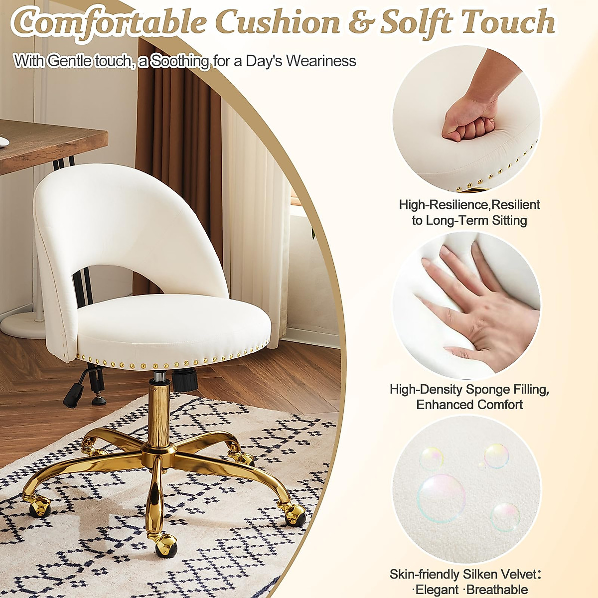 VINGLI Modern Velvet Small Office Chair,Cute Desk Chair with Wheels,Gold Base/Studs, Comfy Armless Swivel Vanity Task Chair for Women/Girl/Kids, Nail Tech Chair for Bedroom,Small Space,White