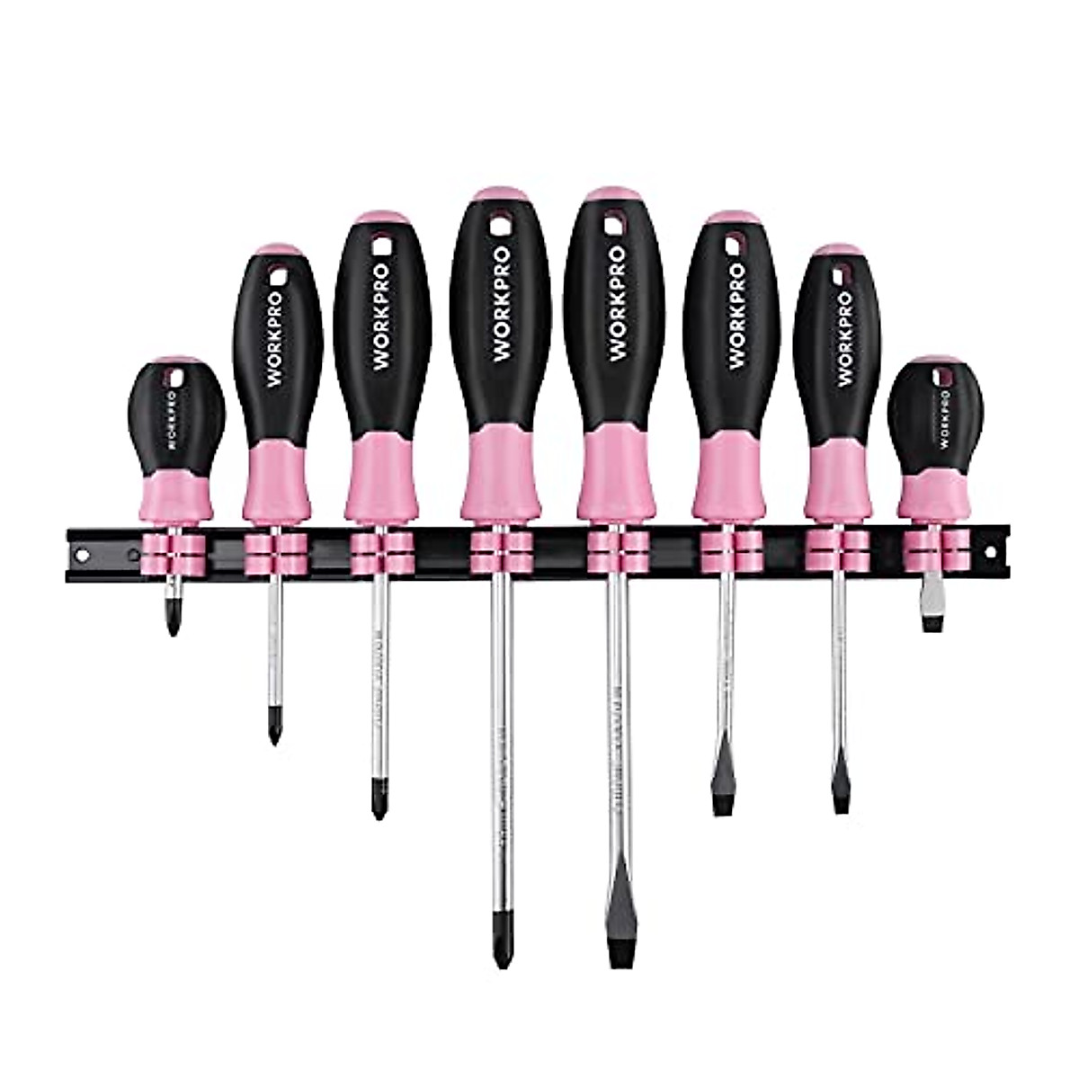 WORKPRO Magnetic Screwdrivers Set, 8-piece Pink Hand tools for Womens, Includes Philips, Flathead, Slotted, Stubby Screwdrivers with Organizer Rack - Pink Ribbon