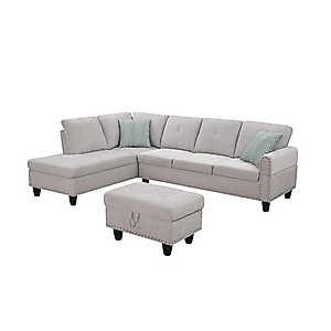 Devion Furniture Polyester Fabric Sectional Sofa with Lift-top Storage Ottoman, Tufted Design, in Light Gray Finish