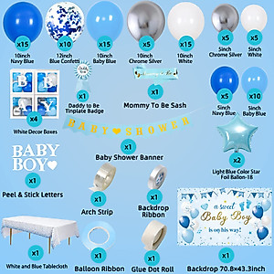 Baby Shower Decorations for Boy, Blue Baby Party Decor Kit with Balloons Boxes, Blue Balloon Garland Backdrop Banner and Tablecloth and Baby Shower Sash, Baby Boy Shower Decorations