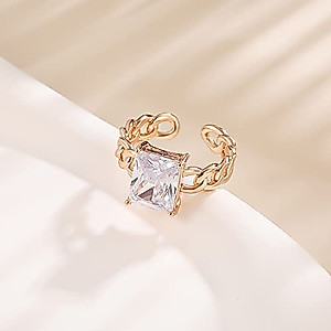 papasgix 14k Gold Plated Rings for Women, Clear Zircon Stackable Adjustable Aesthetic Handmade Statement Gold Band Rings, Cubic Zirconia Band Rings Open Rings （Clear）