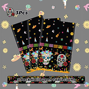 MEHOFOND 3 Pcs Day of The Dead Plastic Tablecloth, Dia De Los Muertos Disposable Table Cover for Halloween, Mexican Skull Floral Fiesta Party Decorations, Day of The Dead Party Supplies
