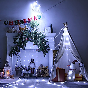 Flacchi White Star Holiday Lights 320 LED Waterfall Tree Lights with 11" Topper Star Christmas Lights 8 Modes Timer Waterproof Fairy Lights Indoor Outdoor Decorative for Patio Garden Wedding Decor